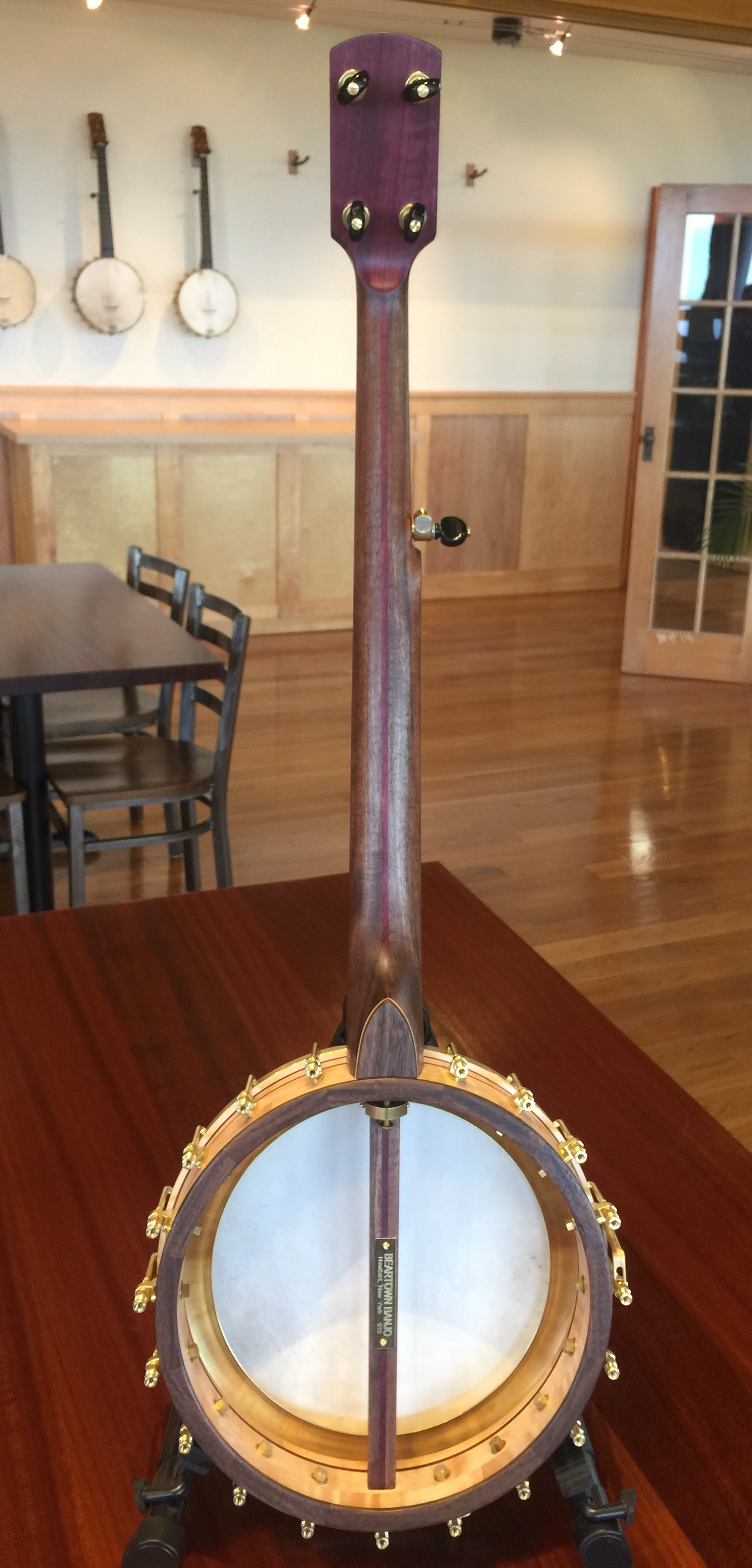 Banjo #015 – Curly Maple, Black Walnut, Purpleheart – Beartown Banjo