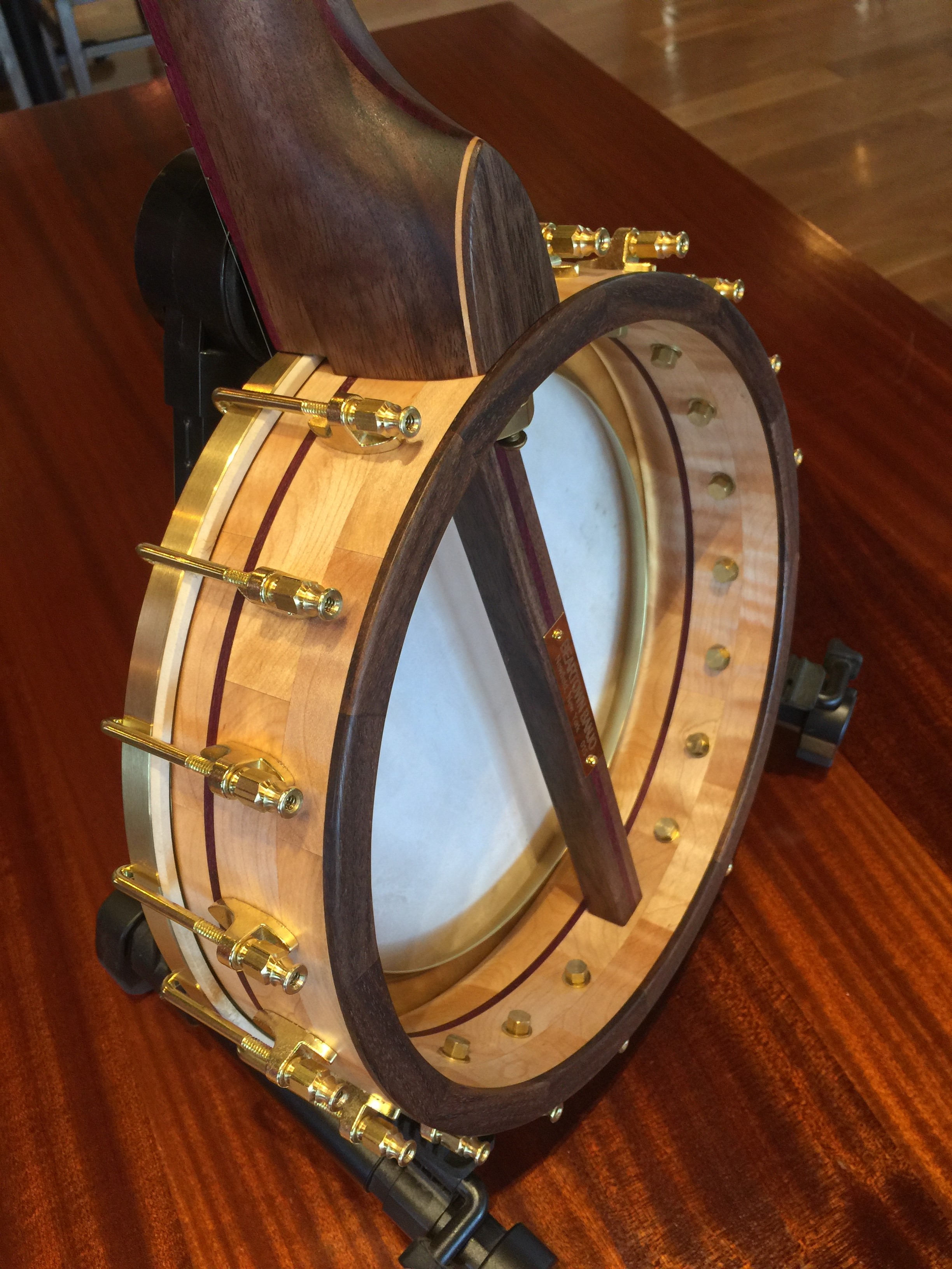 Banjo #015 – Curly Maple, Black Walnut, Purpleheart – Beartown Banjo